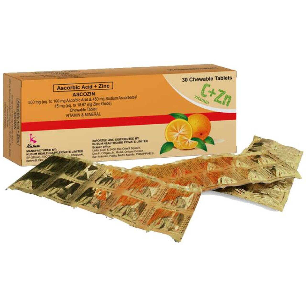 ASCOZIN Ascorbic Acid / Zinc 500mg / 15mg Chewable Tablet 30's Orange ...